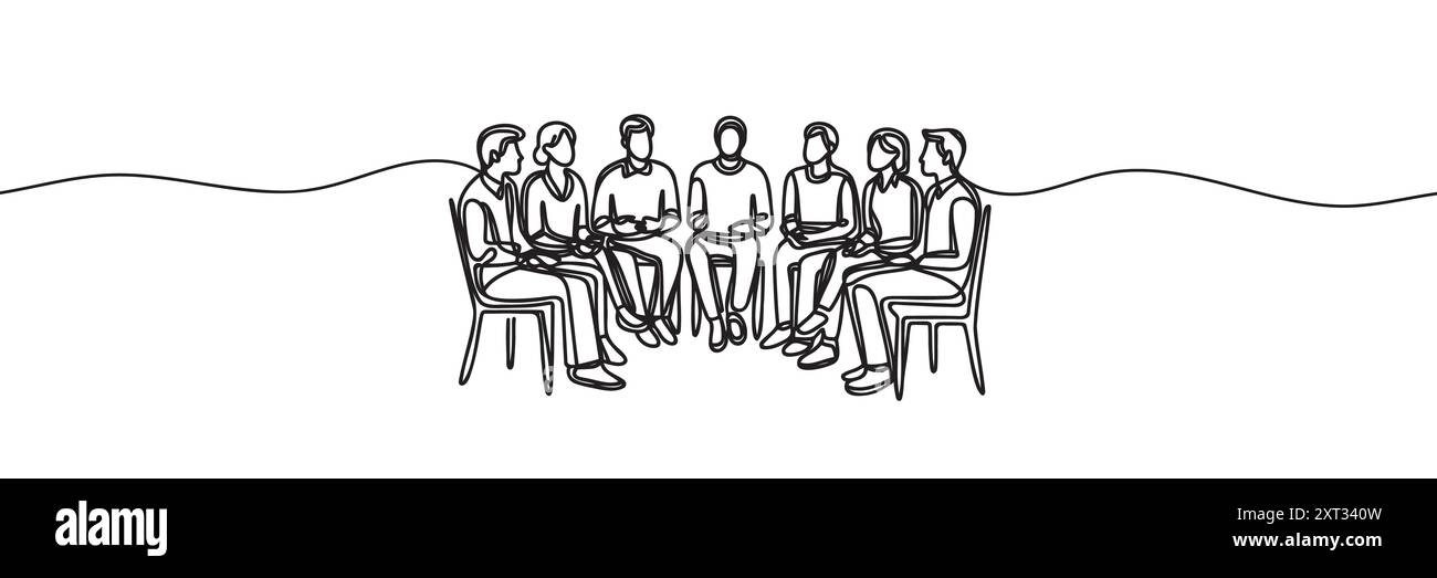 group of people sitting in a circle for a discussion or meeting drawn ...