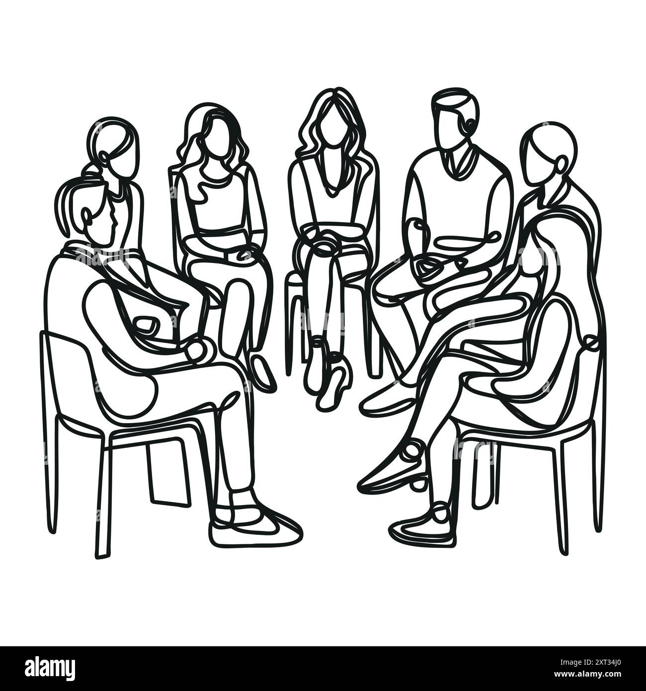 group of people sitting in a circle for a discussion or meeting drawn ...