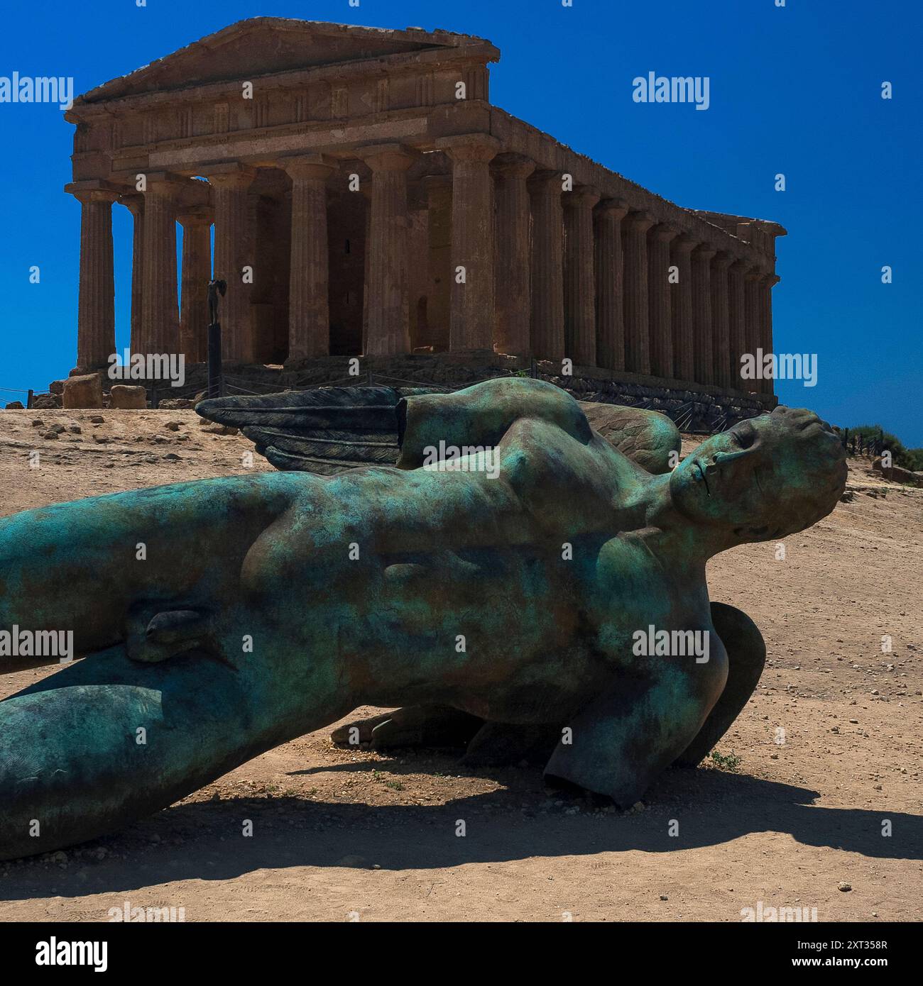 Modern bronze statue of Fallen Icarus by Igor Mitoraj (1944-2014) lies ...