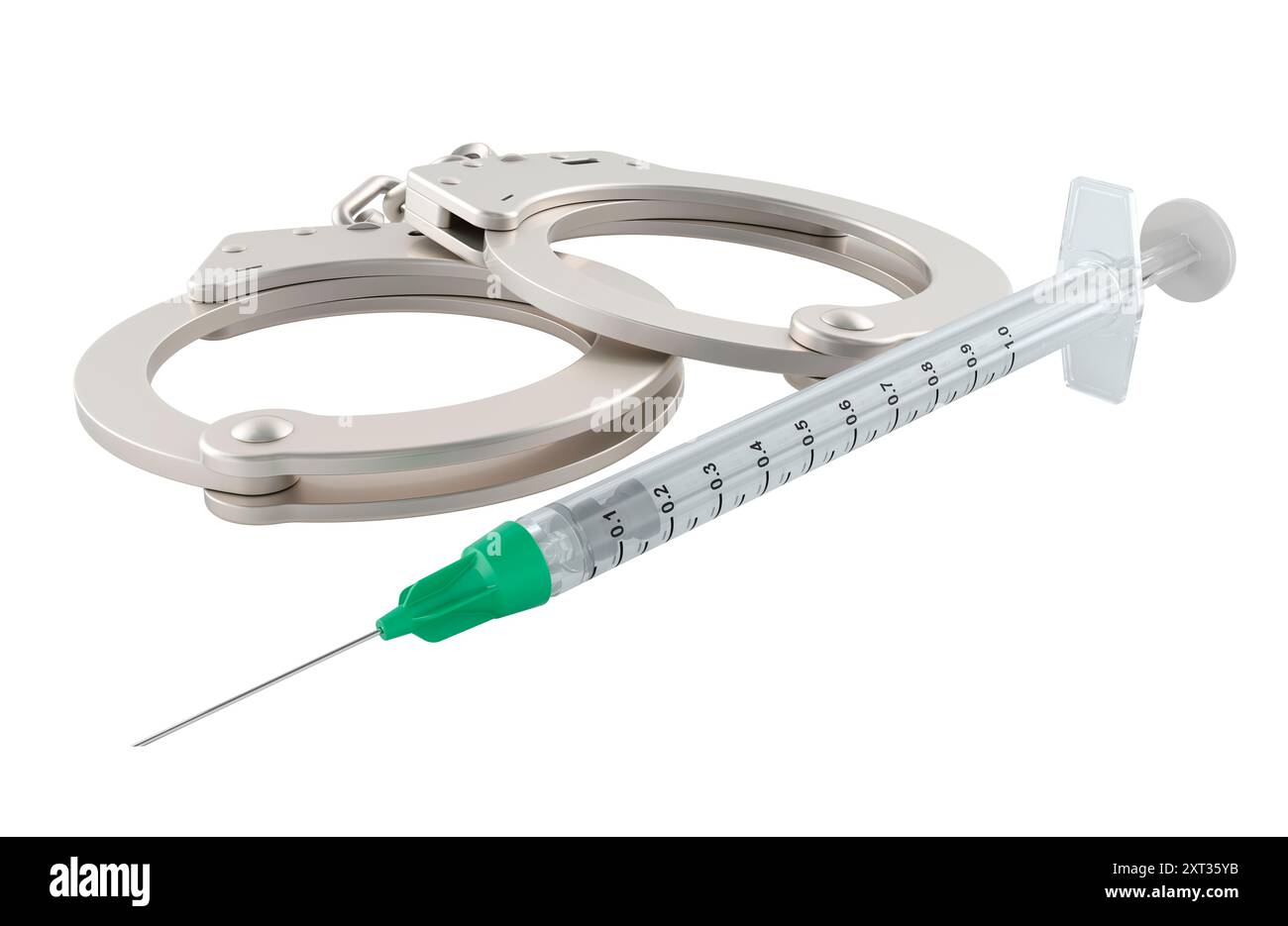 Handcuffs and syringe with drug, 3D rendering isolated on white ...