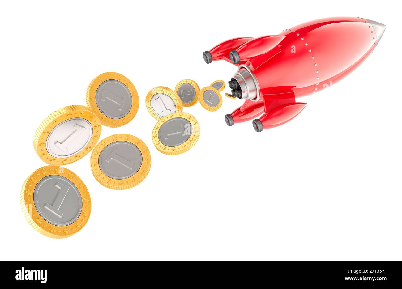 Flying rocket ship with golden coins falling out. 3D rendering isolated ...