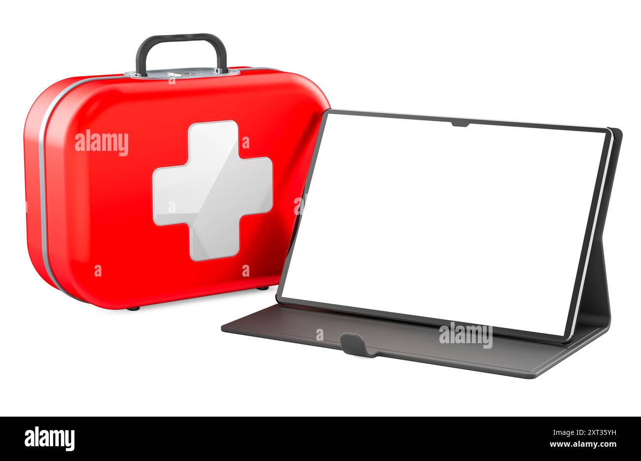 First aid kit and tablet computer with blank screen, 3D rendering ...