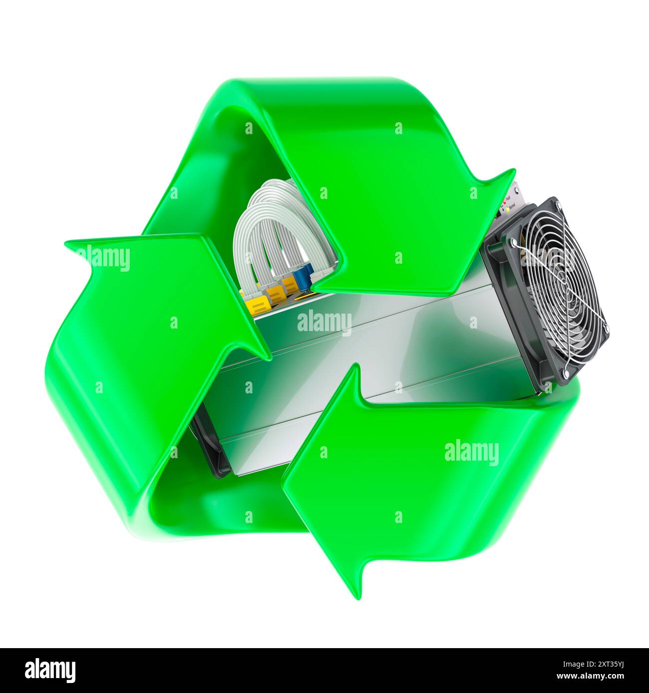 Recycling symbol with ASIC miner, 3D rendering isolated on white ...
