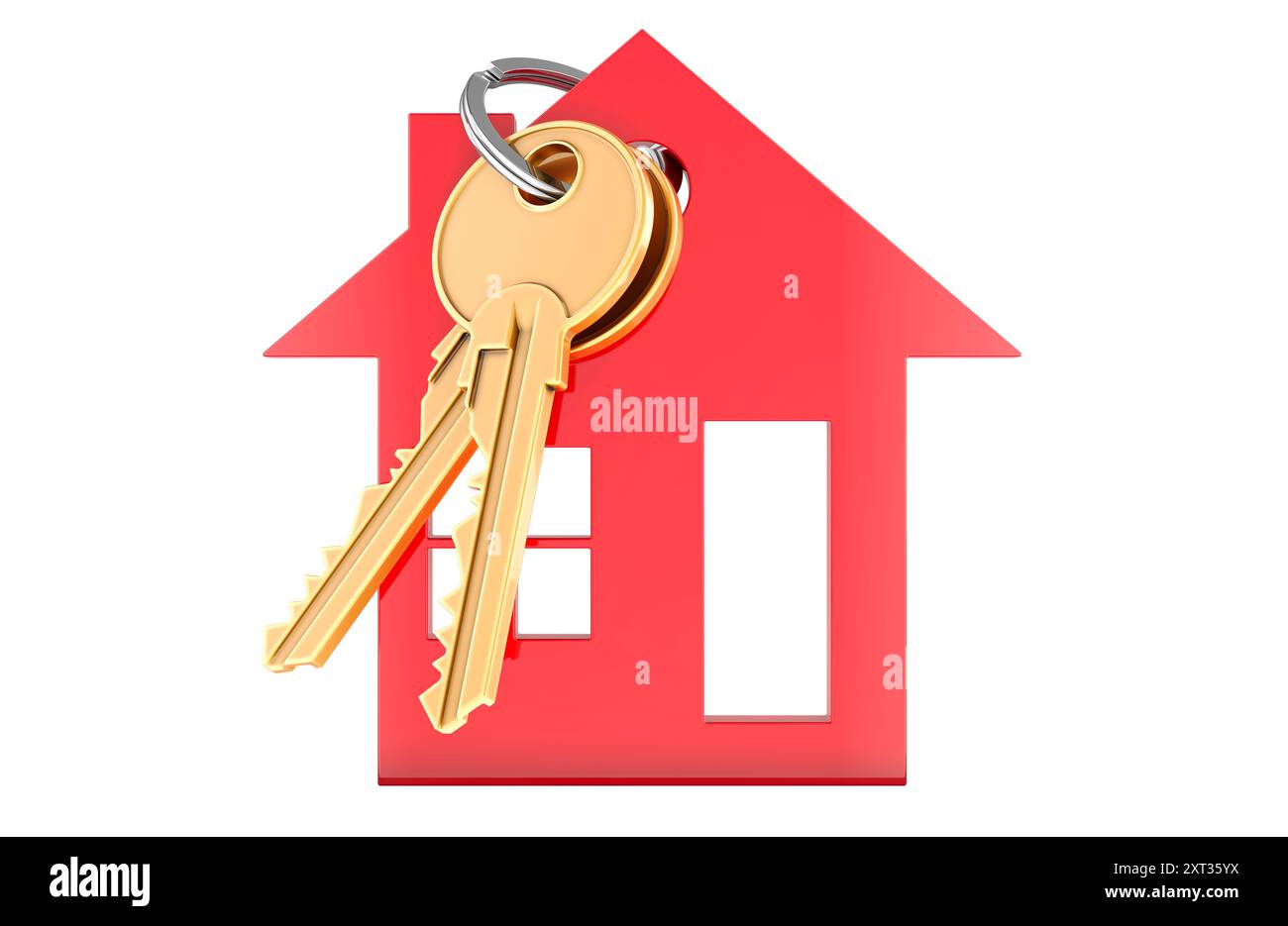 Home Key with House Shaped Keychain, 3D rendering isolated on white ...