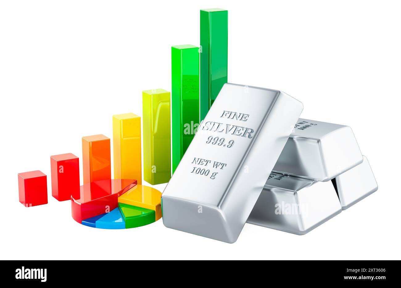 Silver ingots with growth bar graph and pie chart, 3D rendering ...