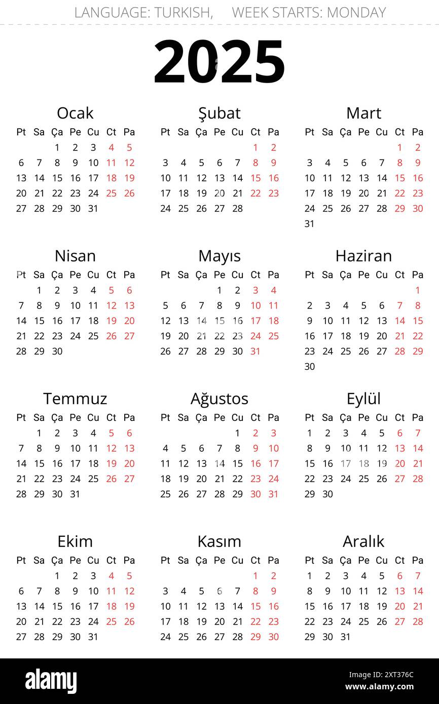 2025 vertical turkish calendars. Printable vector illustration for ...