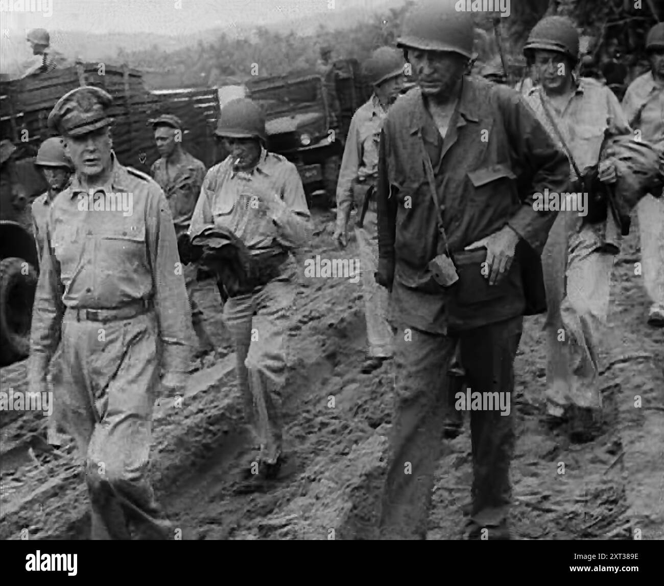 General Douglas MacArthur Walking With American Troops in the Pacific ...