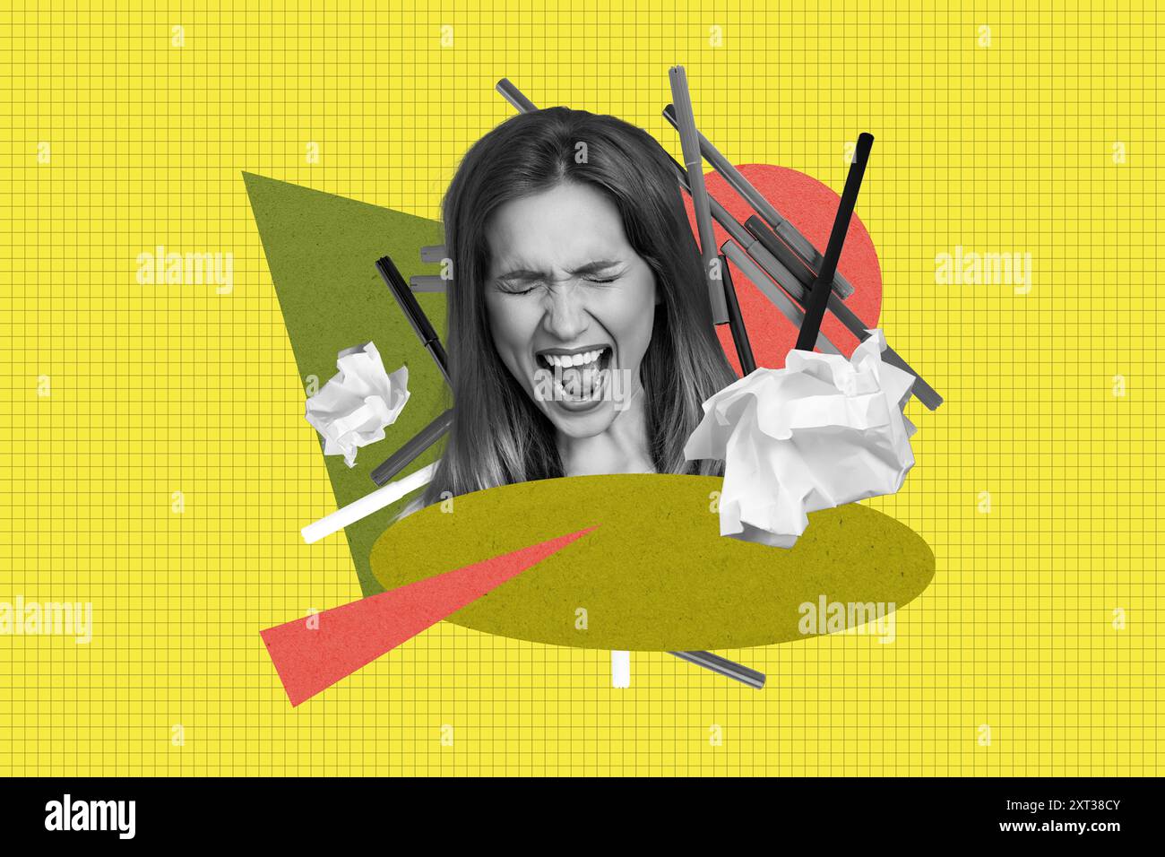 Composite photo collage of upset angry girl frown crumpled paper work ...