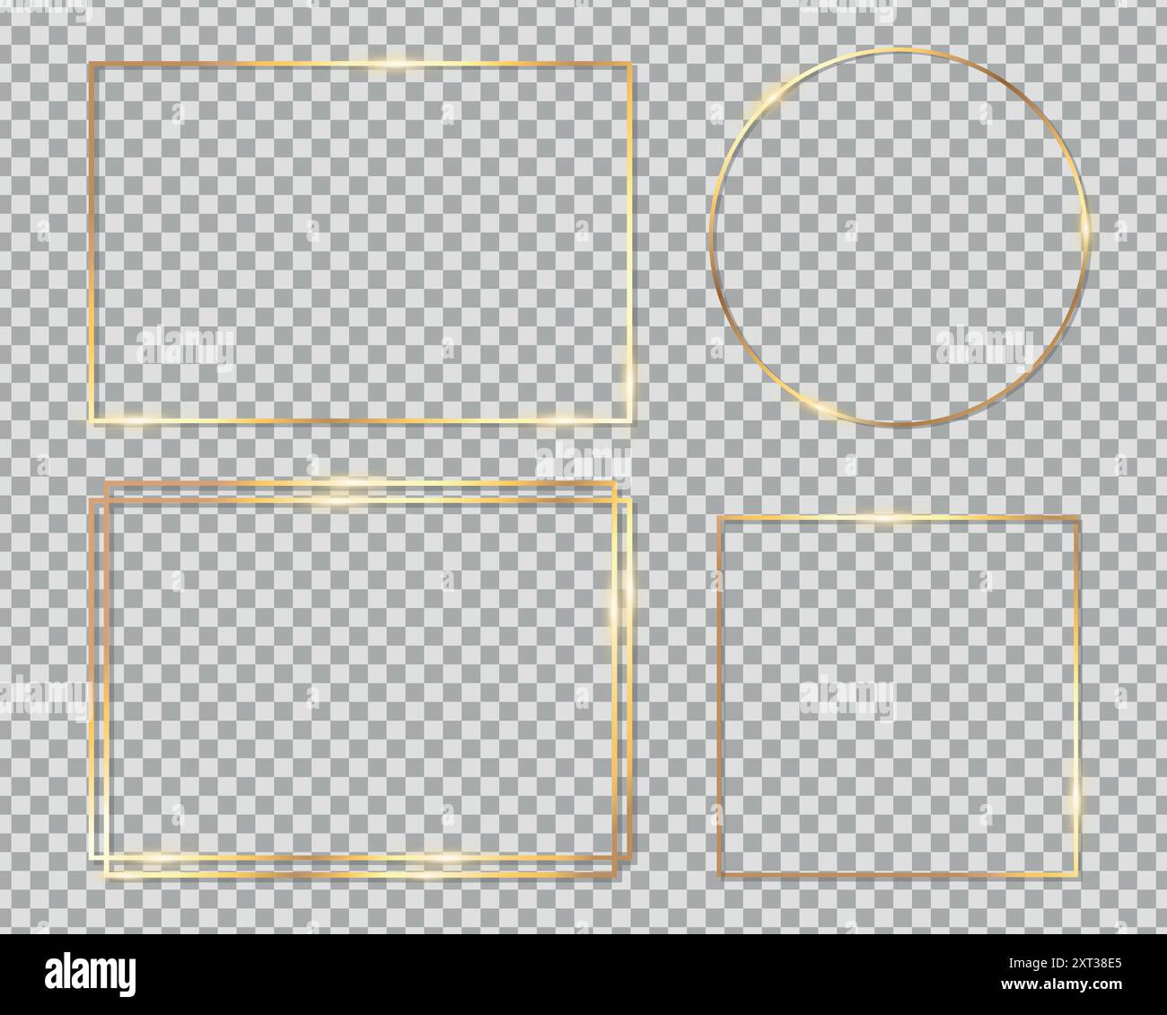 Shiny golden frames on transparent background. Luxury golden square and round frame borders for ...