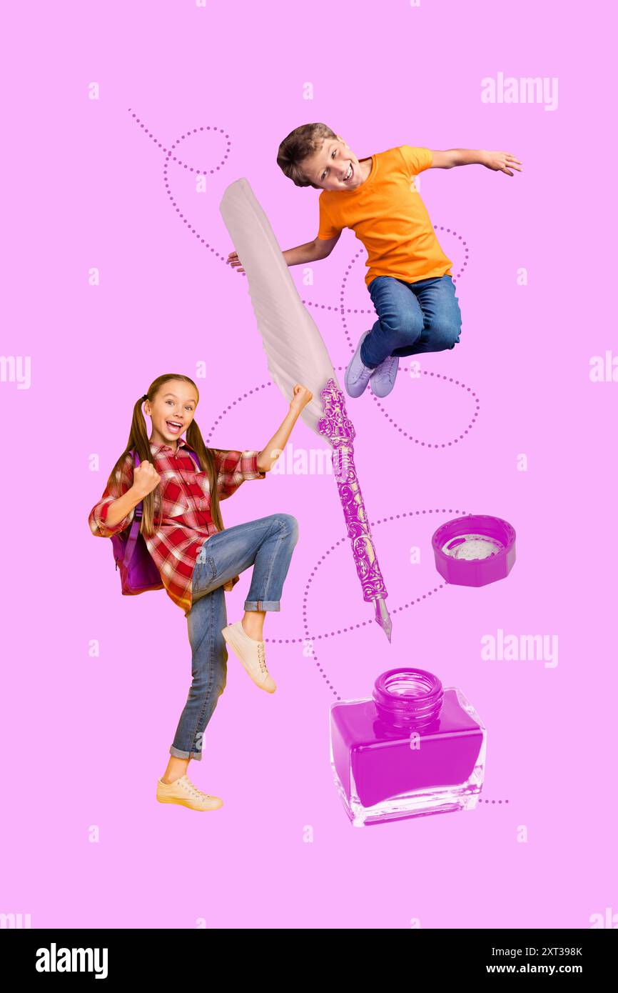 Vertical photo collage of two happy classmates boy girl feather pen ink ...