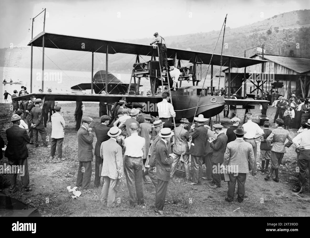 Assembling "AMERICA", 1914. Shows the launch of the Curtiss Model H ...