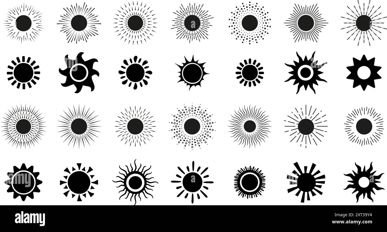 Sun icons big set. Brack suns with different rays. Isolated summer ...