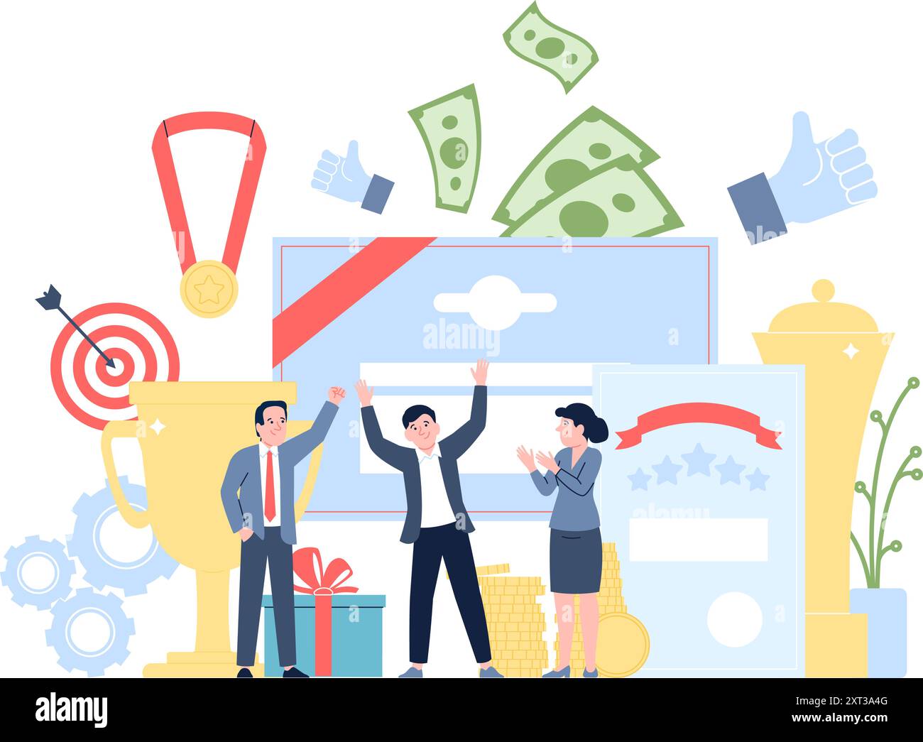 Worker benefits. Office team, employees with medal, diploma golden ...