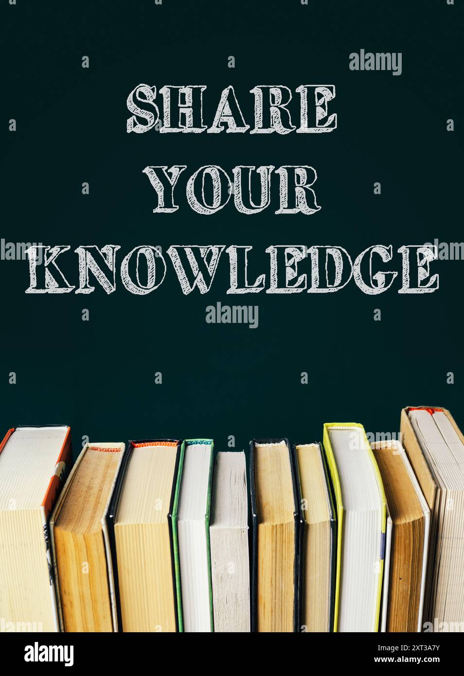 A stack of books with the words share your knowledge written above them ...