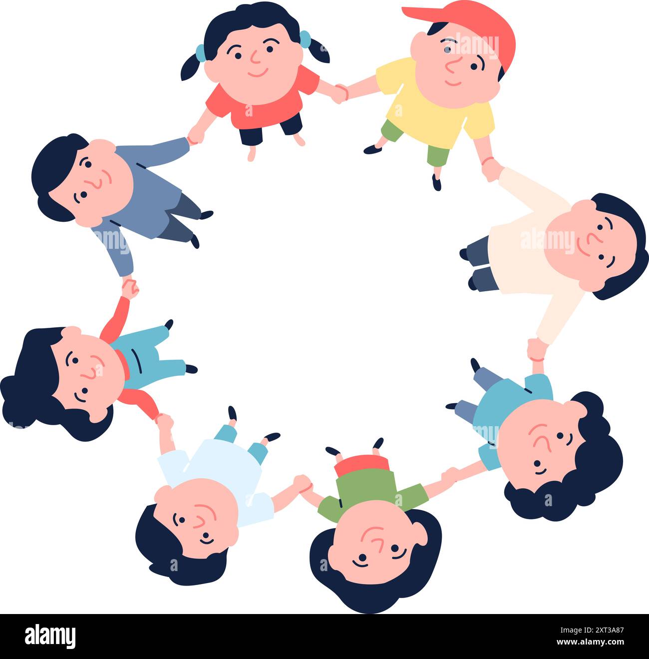 Children in circle look up and holding hands. Flat kids in round dance ...
