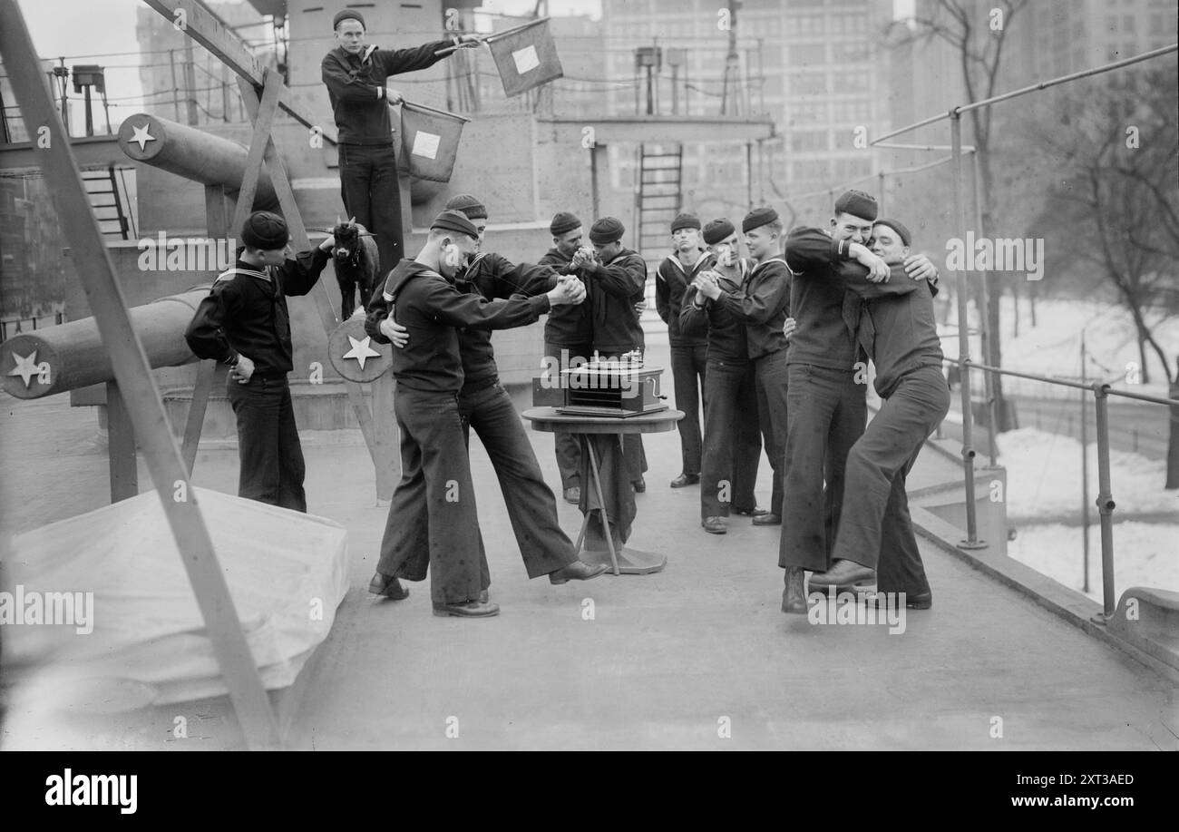 On U.S.S. Recruit, 1917. Shows sailors dancing on the U.S.S. Recruit, a ...