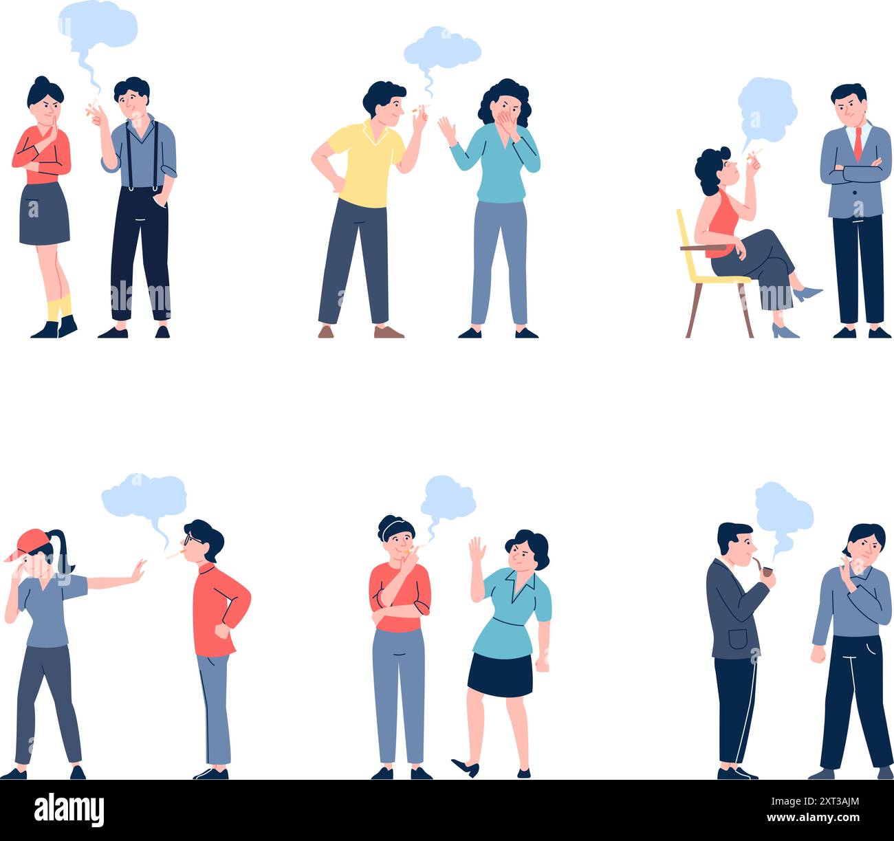 Smokers characters. People smoking in different public areas ...