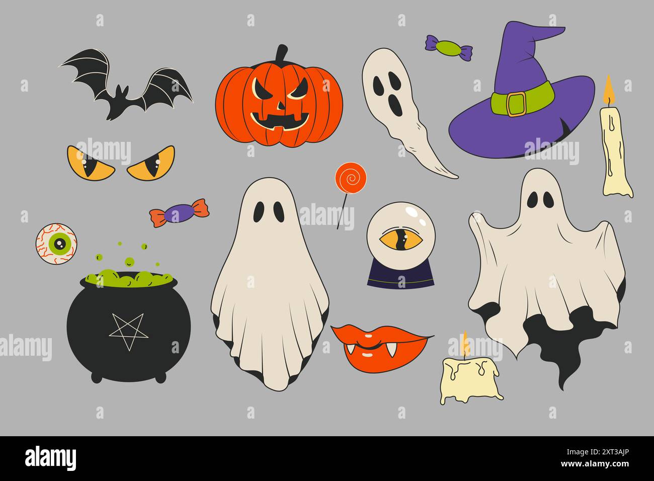 Retro Halloween set. ghost, pumpkin, bat vampire witch Vector ...