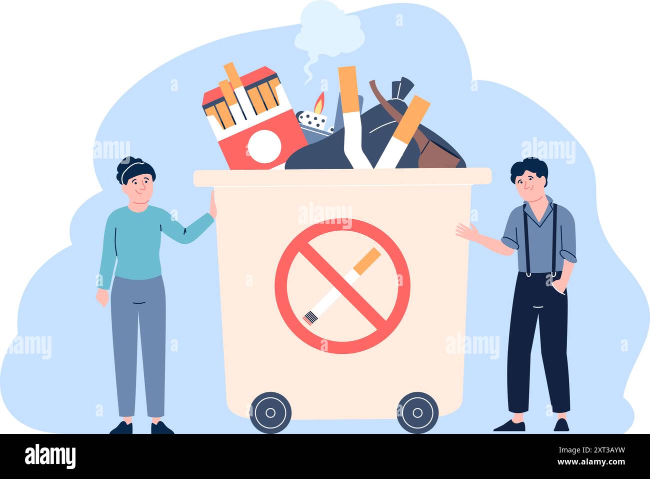 Stop smoking concept. Man woman throw cigarettes in trash can, giving ...