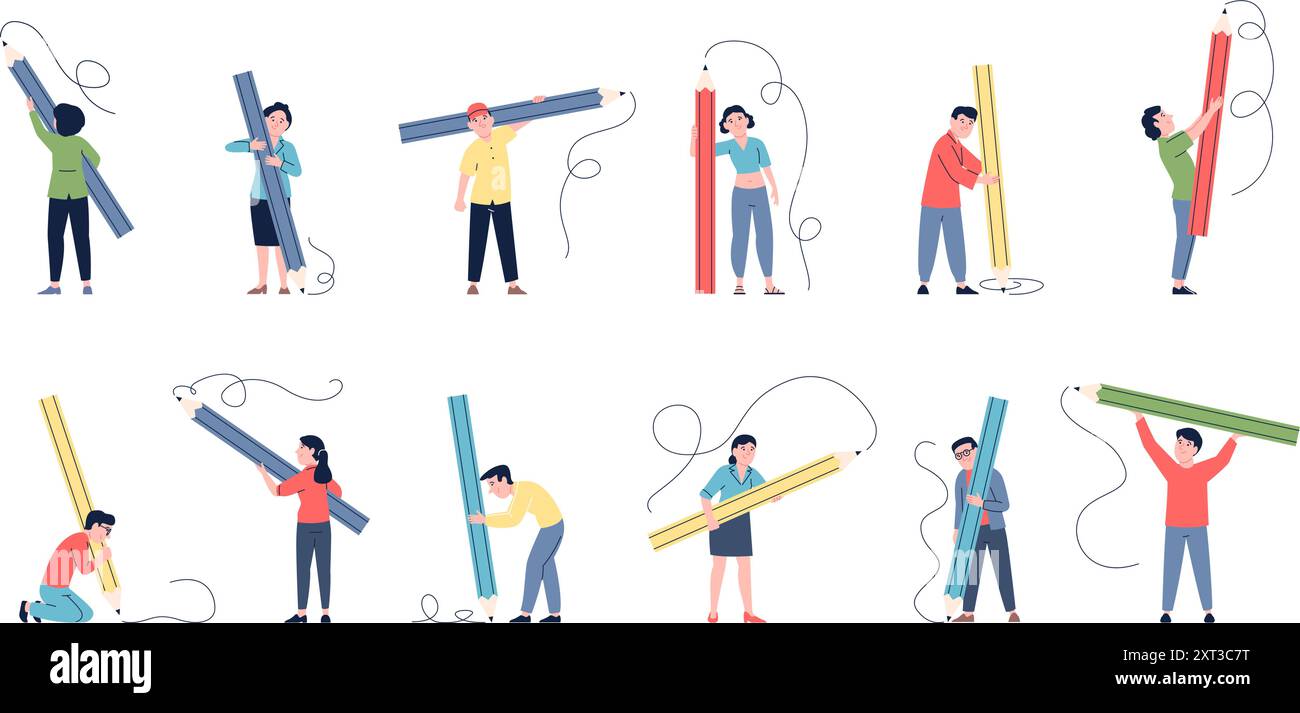 People drawing with big pencil. Men women writing signs documents ...