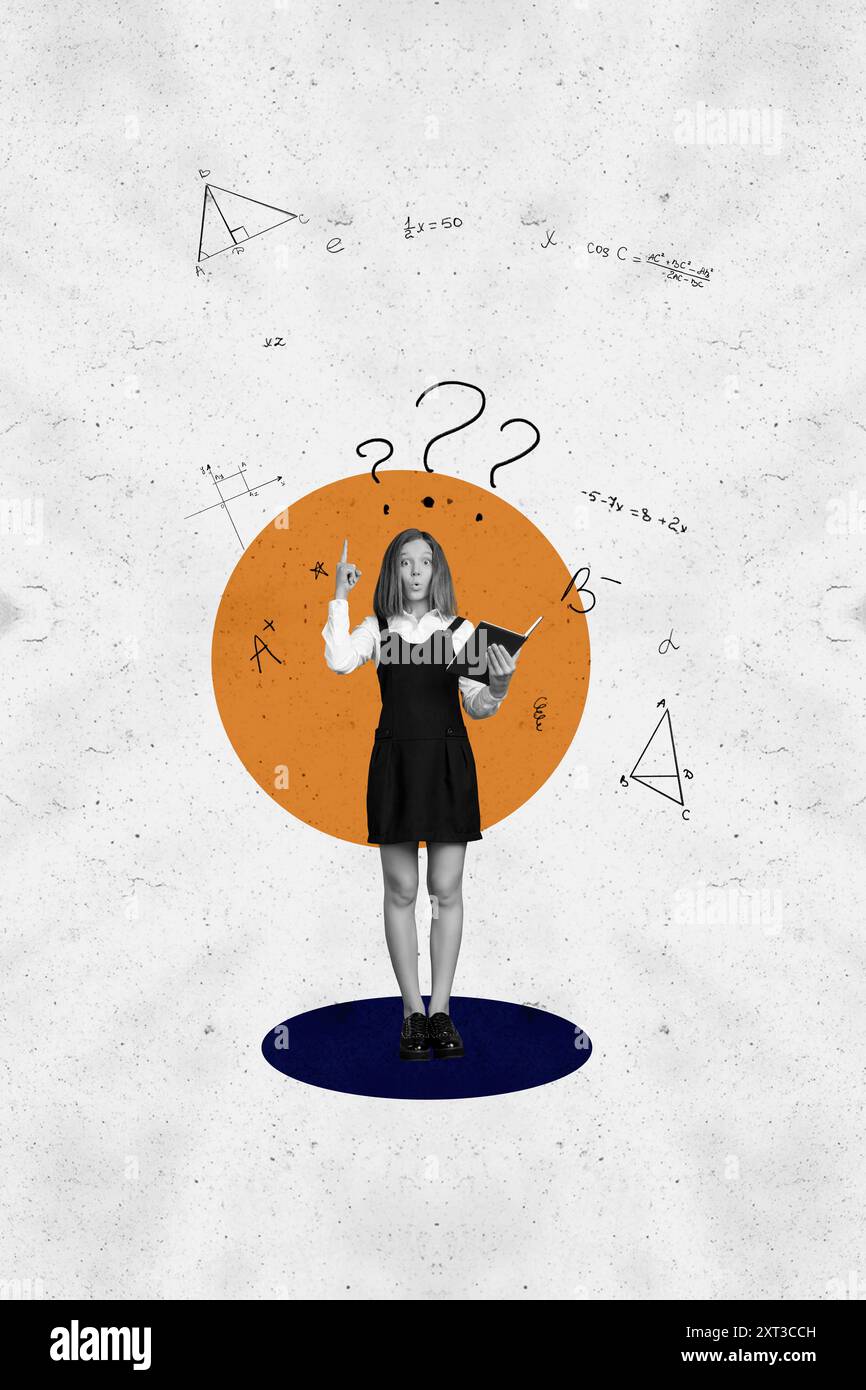 Vertical photo collage of shocked teenage student girl point question ...