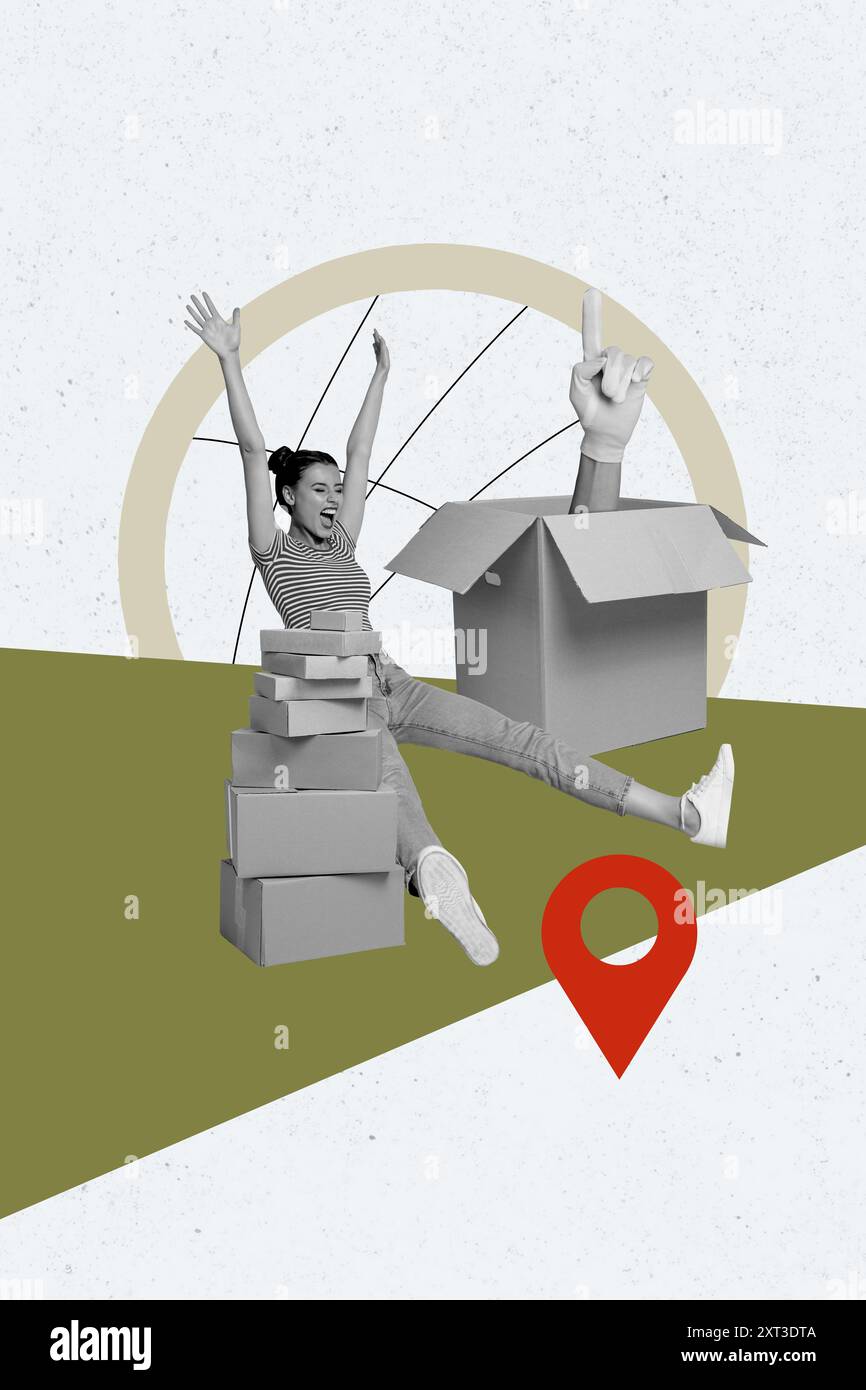 Creative abstract template collage of young excited female carton ...