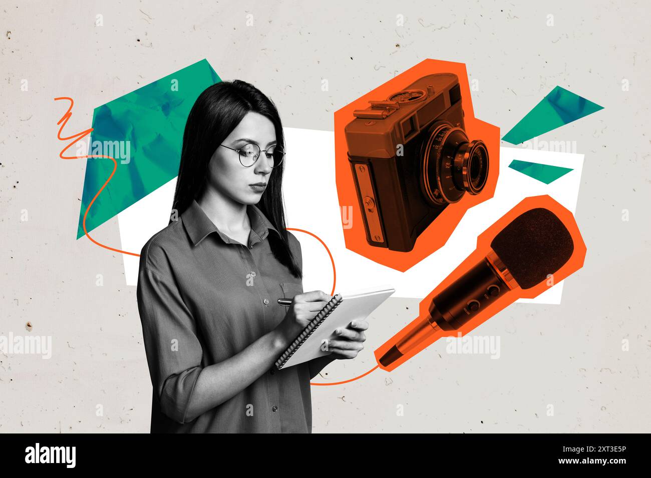 Composite photo collage of serious girl journalist write notebook notes ...