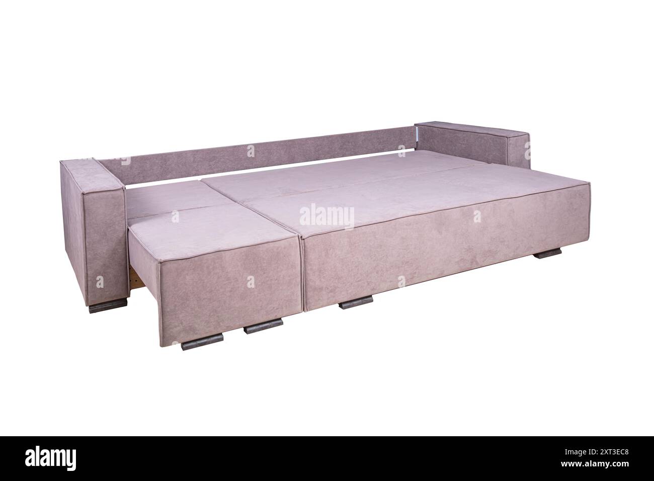 Pink unfolded sofa made of velor fabric isolated on a white background ...