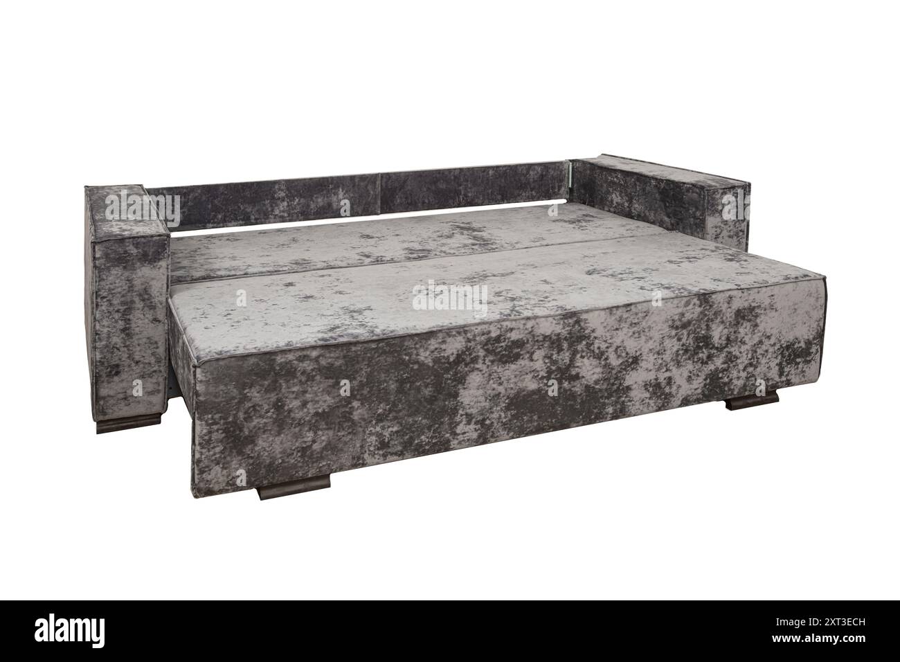 Gray unfolded sofa with velor fabric pillows isolated on a white ...