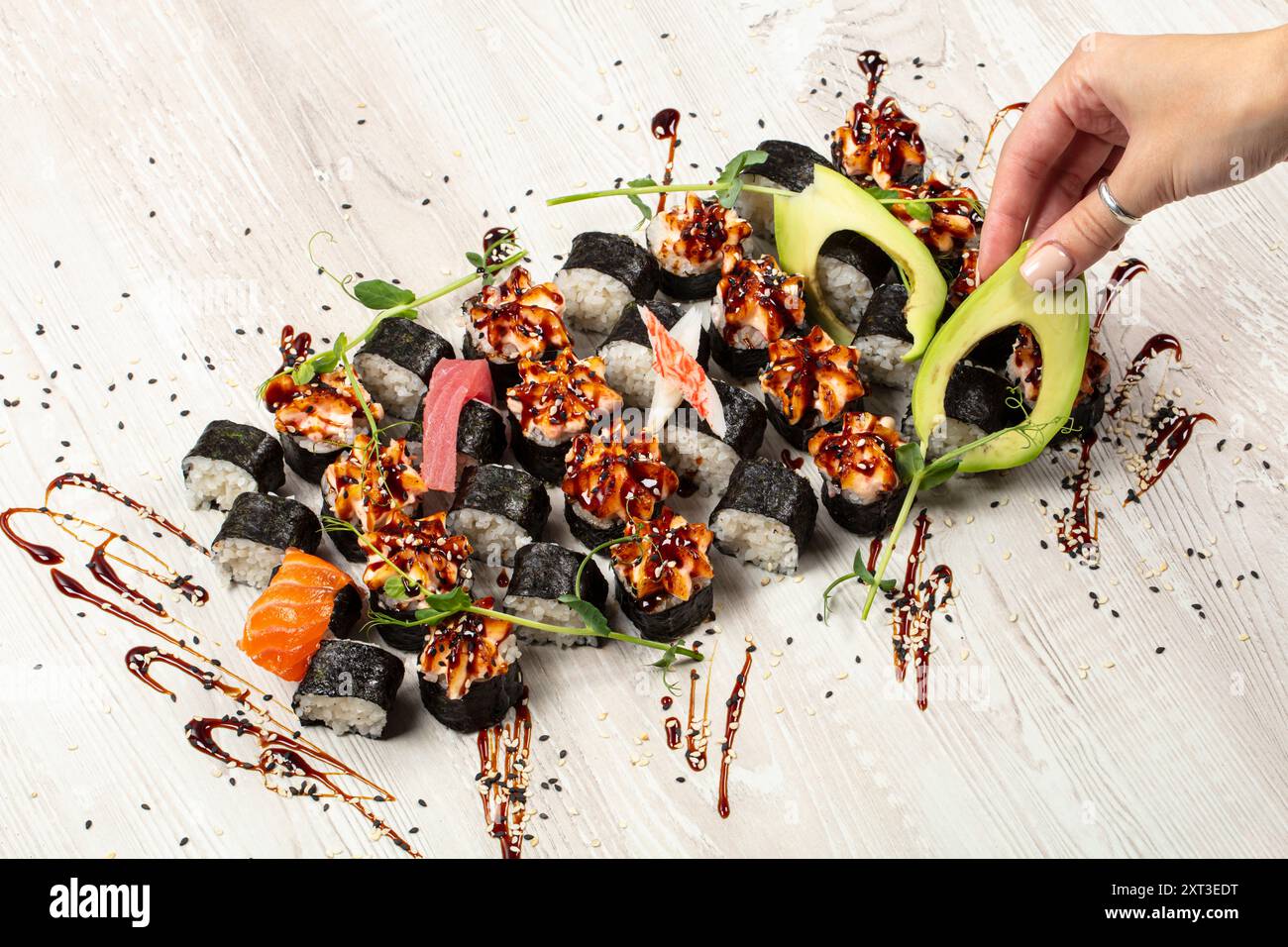 Set of sushi rolls, close-up top view.Japanese food Stock Photo - Alamy