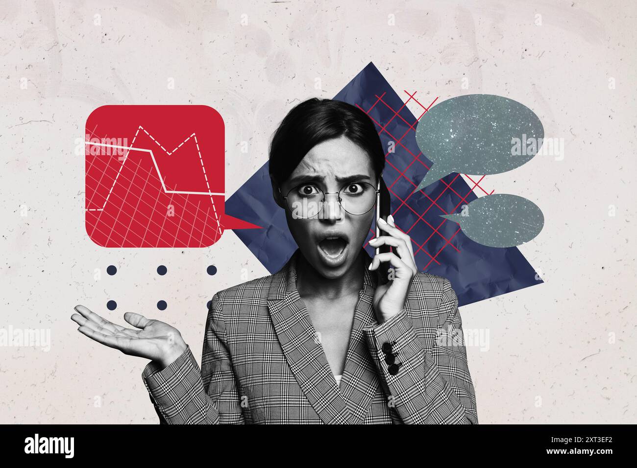 Creative collage picture young businesswoman taslk smartphone cellphone ...