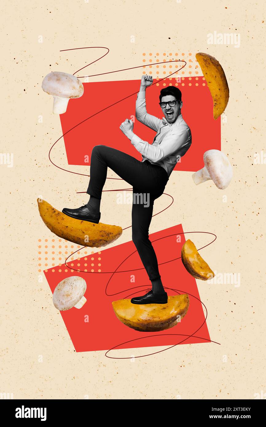 Vertical photo collage of happy guy excited potato chips nutrition ...