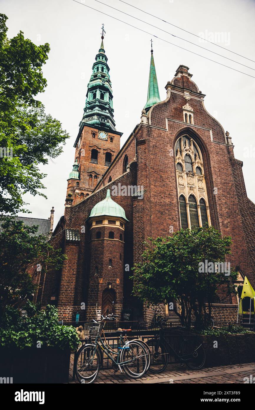 From below picturesque scene capturing a historic church in Copenhagen ...