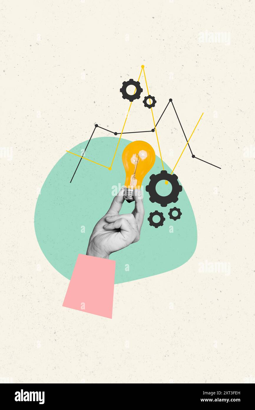 Creative drawing collage picture of hand hold electric bulb setting ...