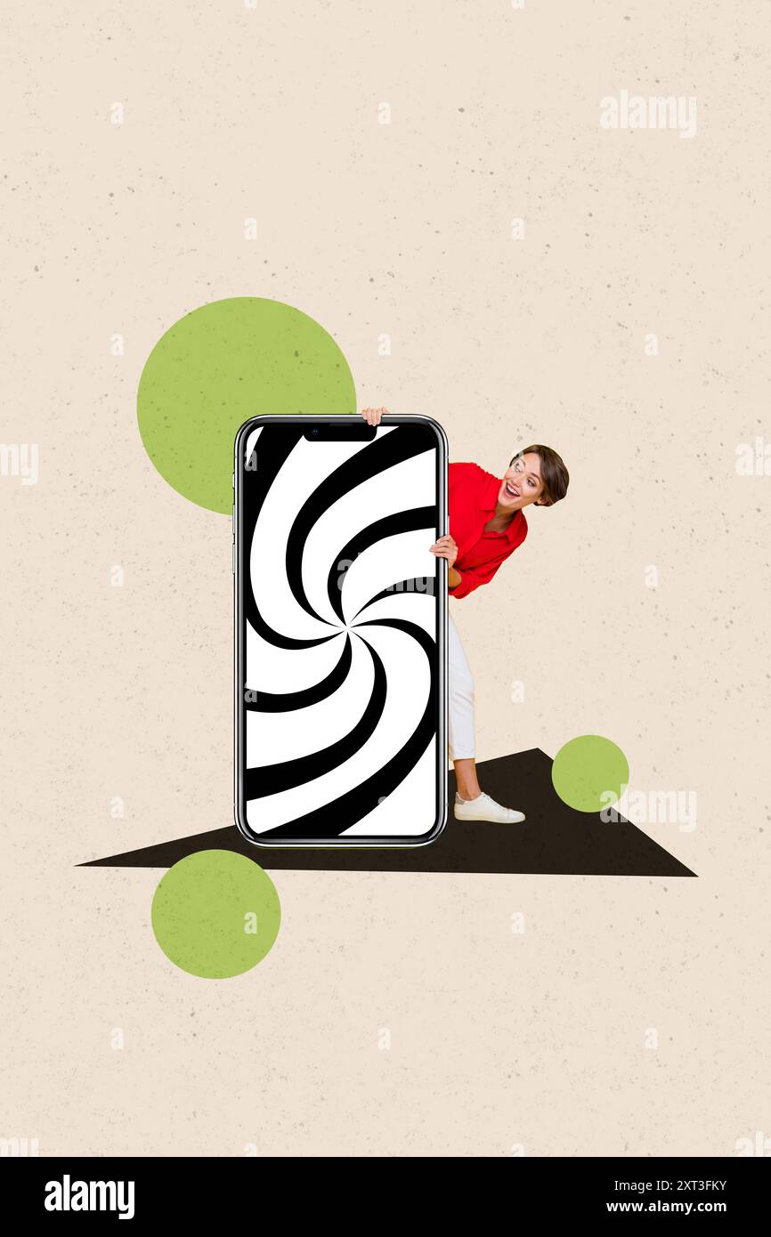 Vertical poster collage young woman smartphone digital device screen ...