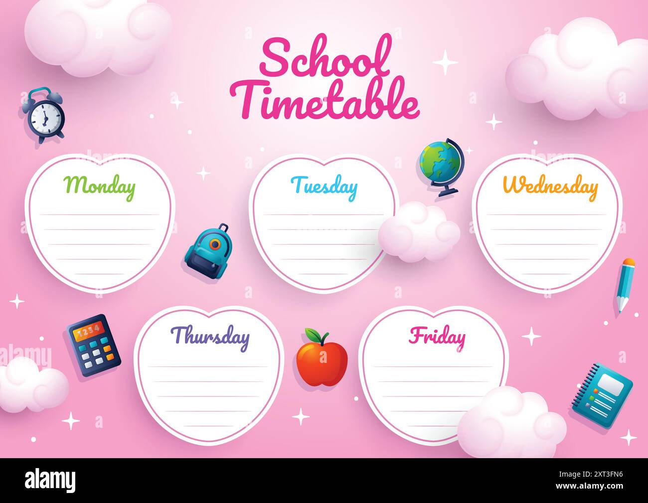 Cute kids school timetable, with colorful hand drawn school stationery ...