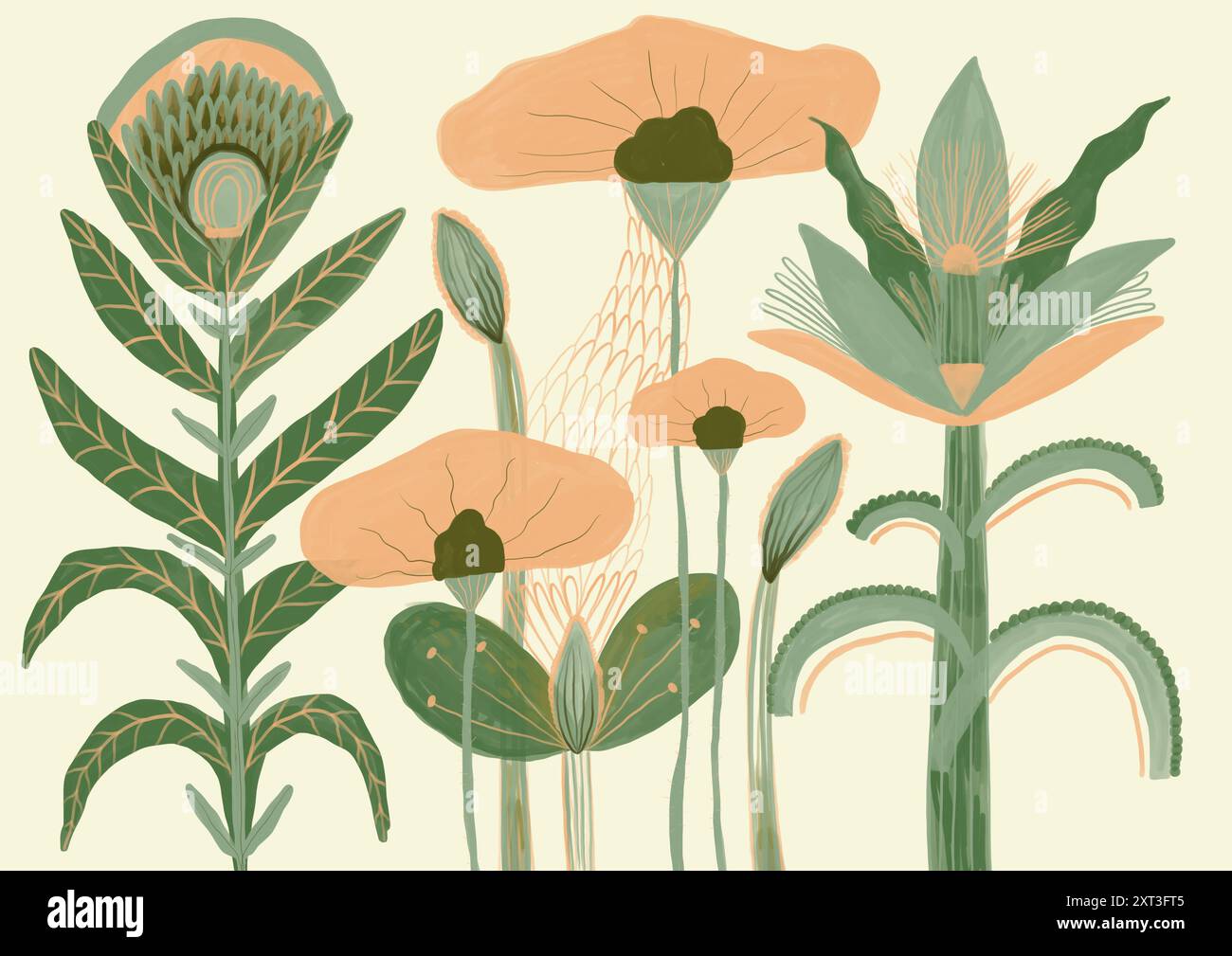 This is an artistic illustration featuring a variety of stylized ...