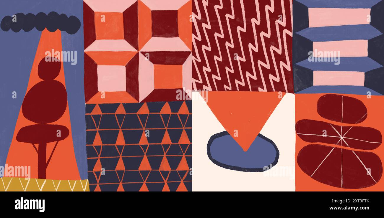 This illustration features a bold, vibrant abstract collage comprised ...