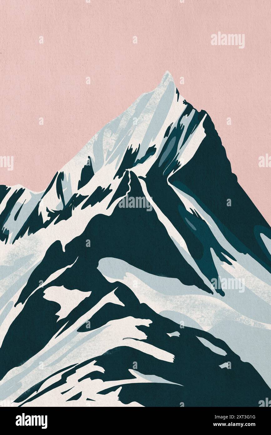 This striking illustration features a stylized mountain peak composed ...