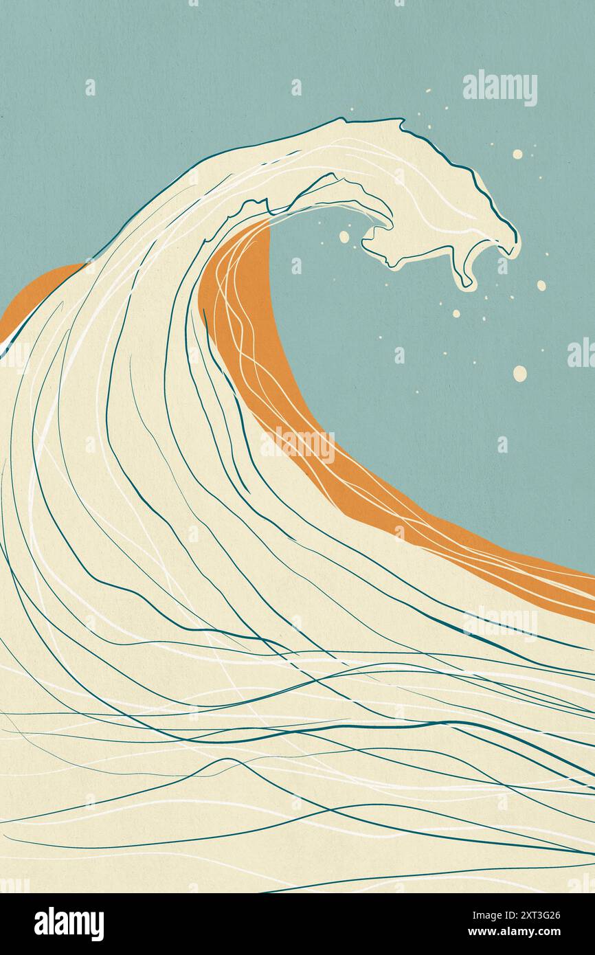 Minimalist illustration featuring a large wave breaking in the ocean ...