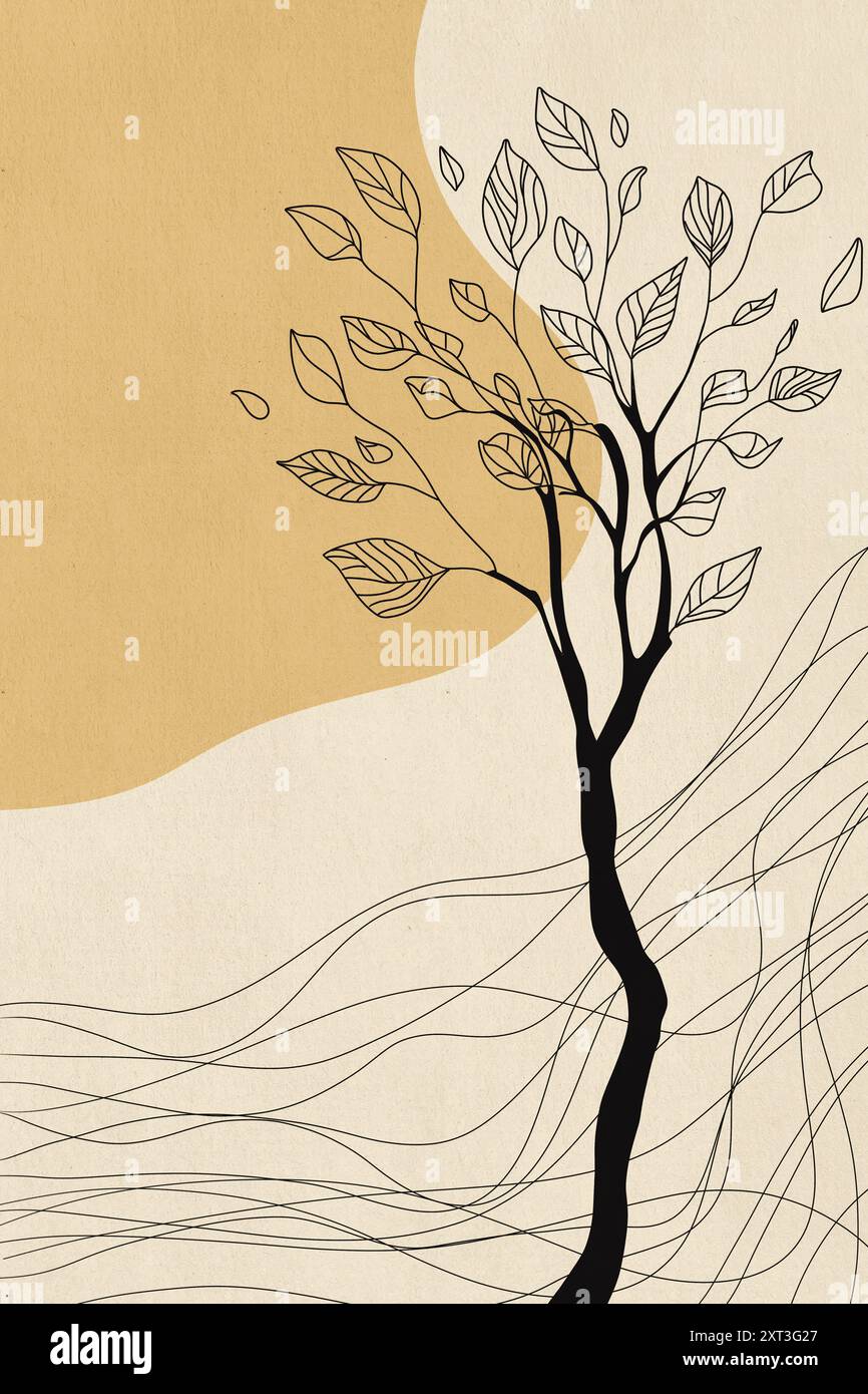 An artistic illustration featuring a stylized black tree with delicate ...