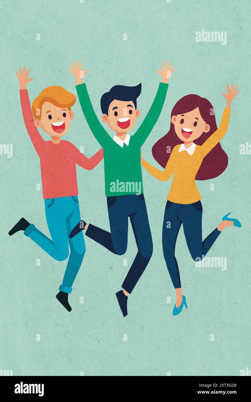 Illustration of three young animated characters joyfully jumping in ...