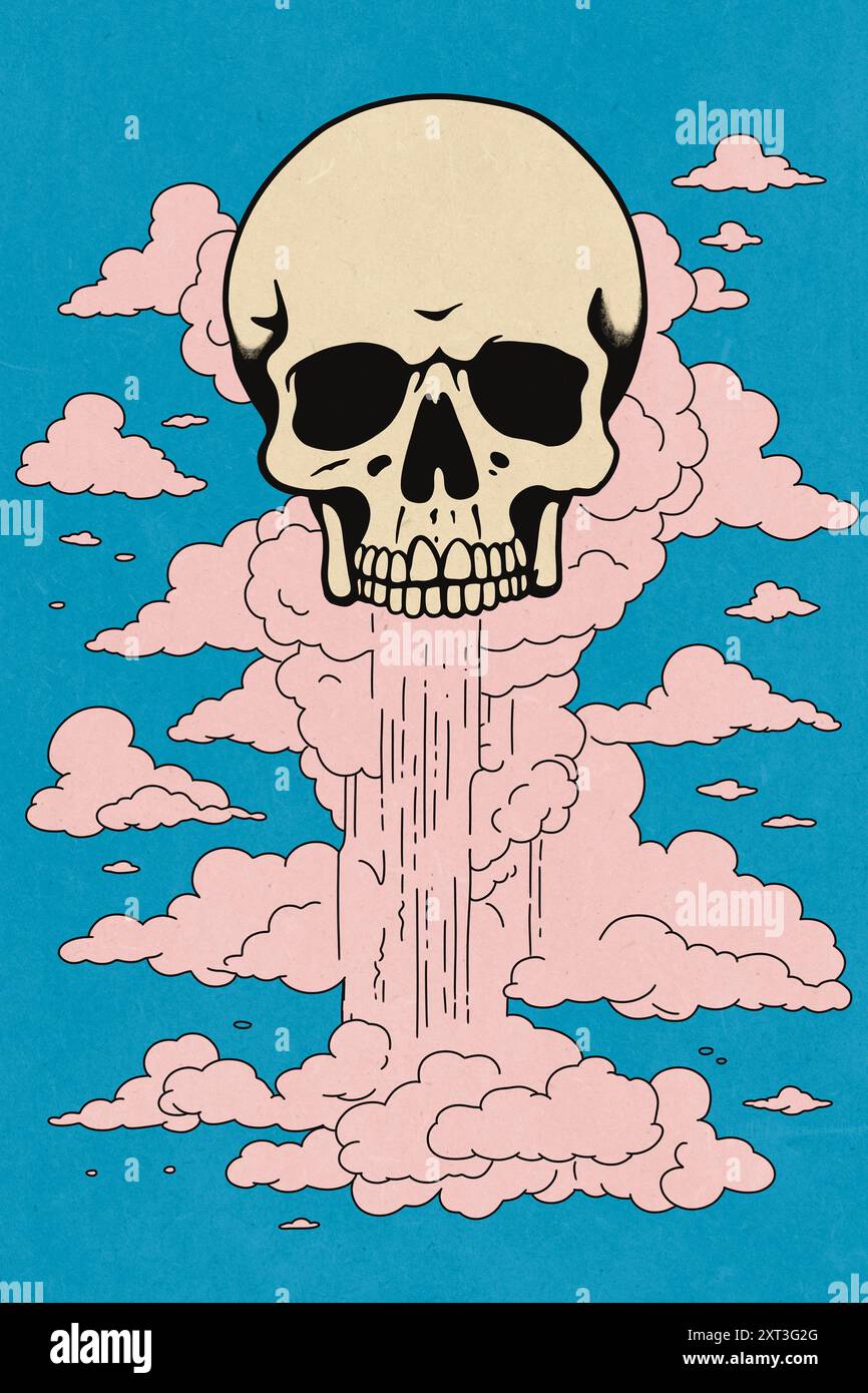 This abstract illustration depicts a human skull enveloped in pink and ...