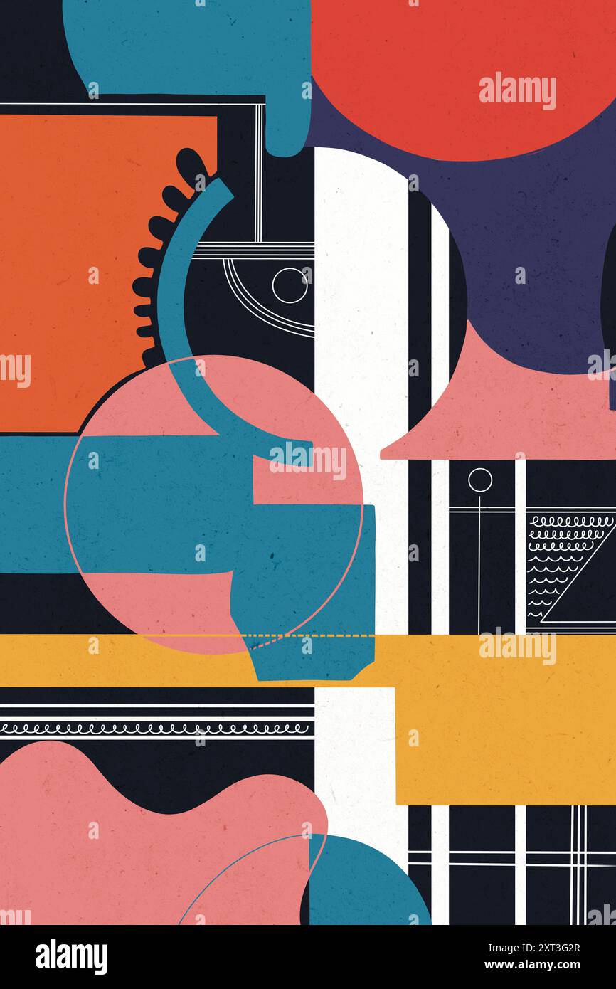 A modern art illustration featuring an array of geometric shapes and ...