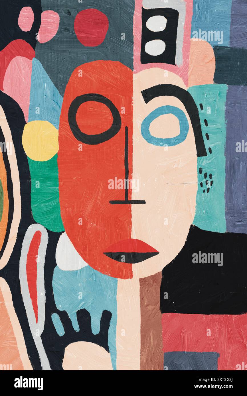 This artwork features a striking abstract illustration of a human face ...