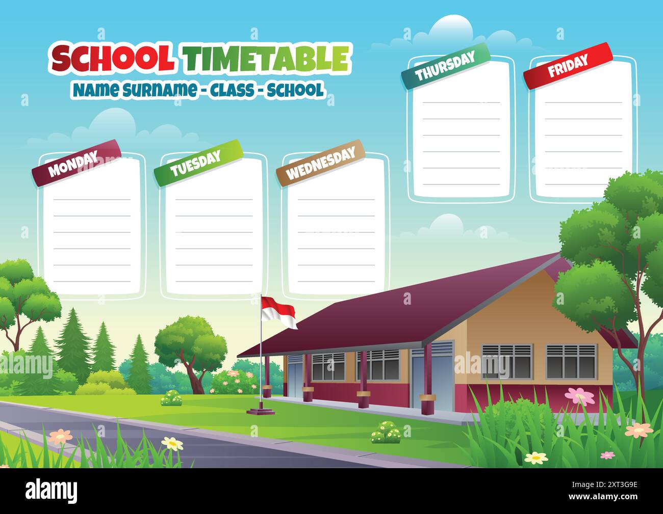 Cute School Timetable template with indonesian school building and ...