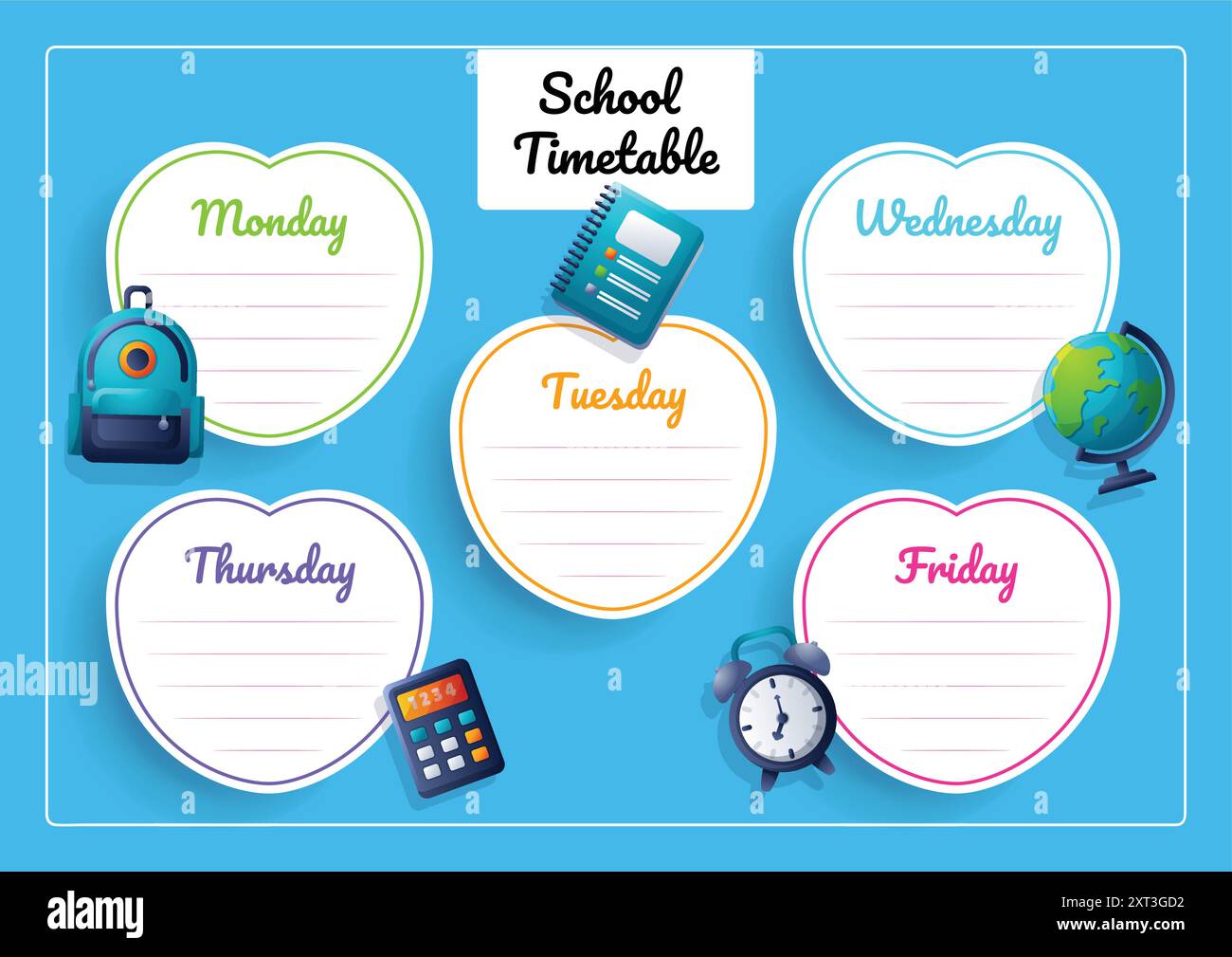Cute kids school timetable, with colorful hand drawn school stationery ...