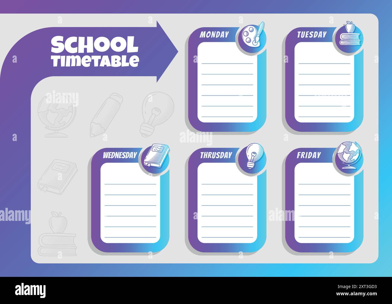 Cute kids school timetable, with colorful hand drawn school stationery ...