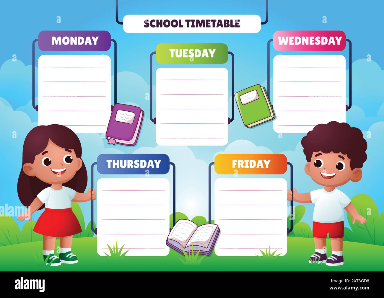 cartoon school timetable, with colorful hand drawn school stationery ...