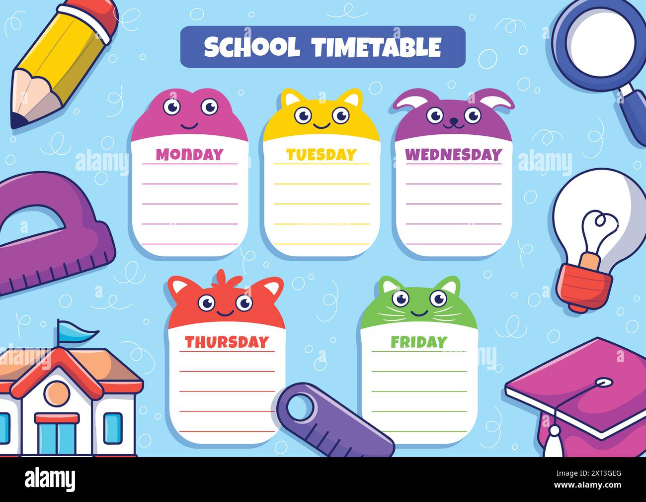 Cute kids school timetable, with colorful hand drawn school stationery ...
